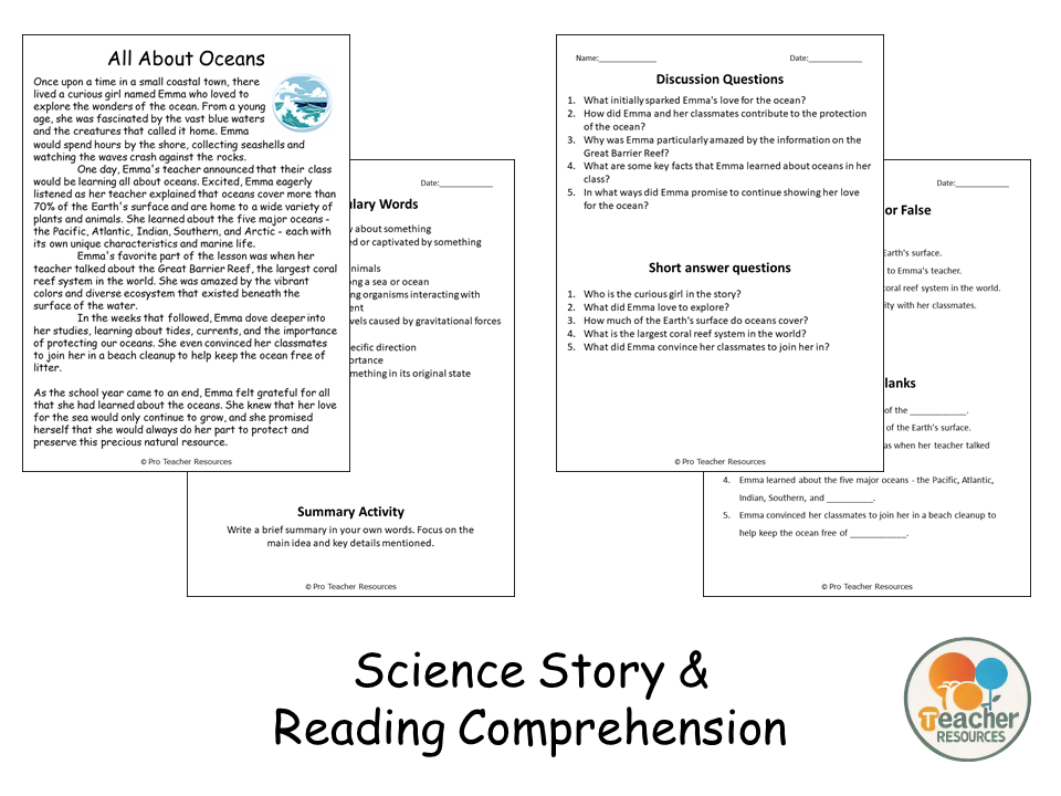 All About Oceans Reading Science Story Comprehension Questions ...