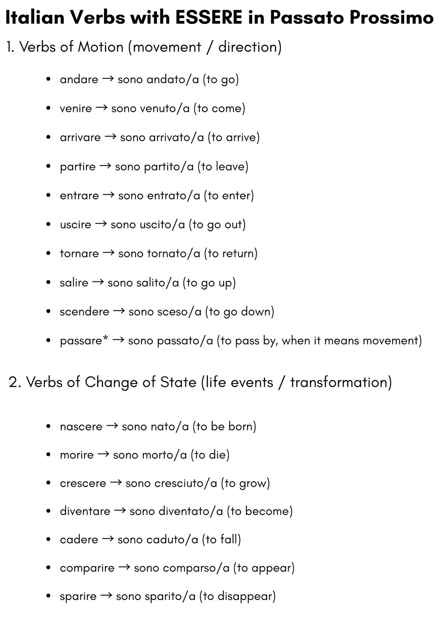 list of italian verbs that take essere in passato prossimo | Teaching ...