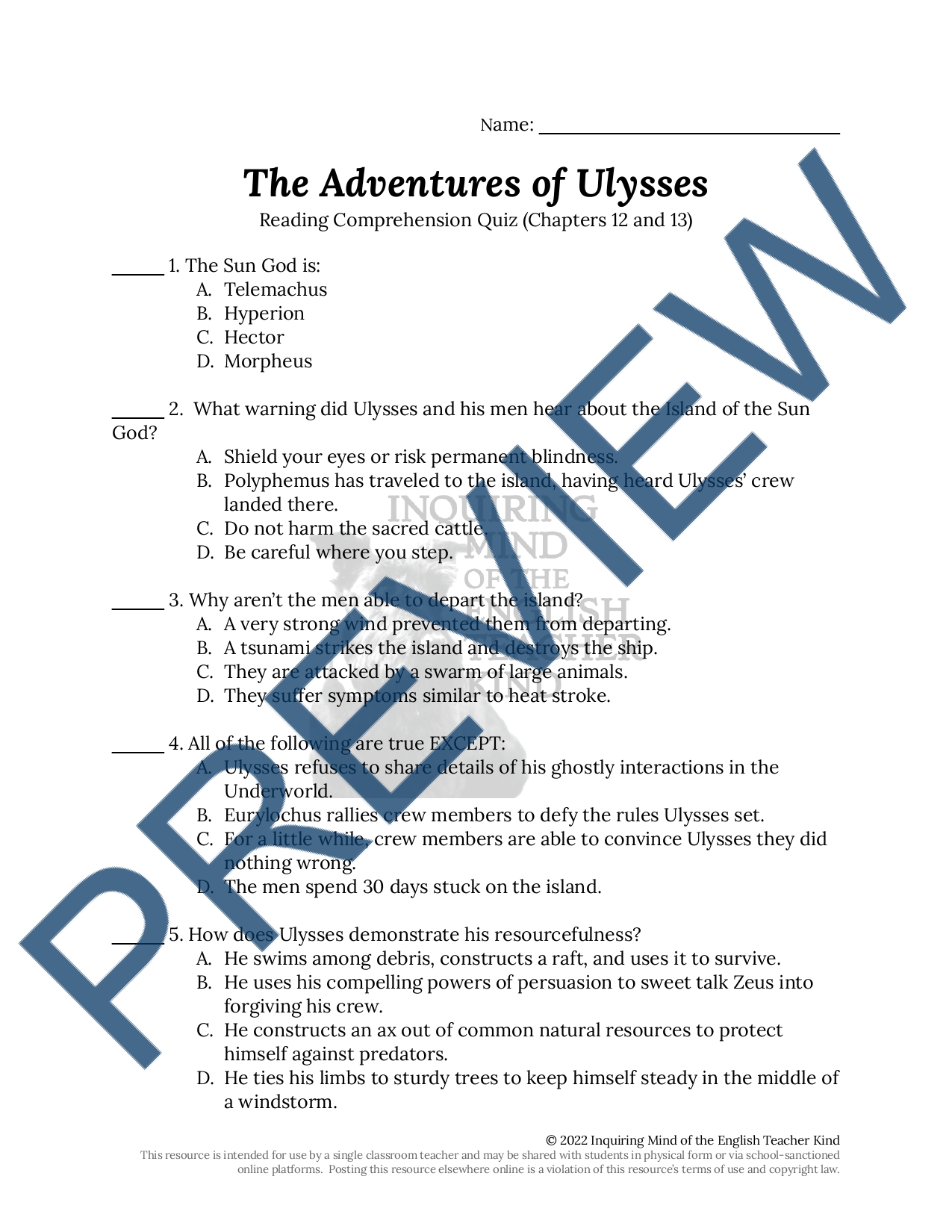 Adventures of Ulysses Chapters 12 and 13 Quiz and Answer Key | Teaching ...