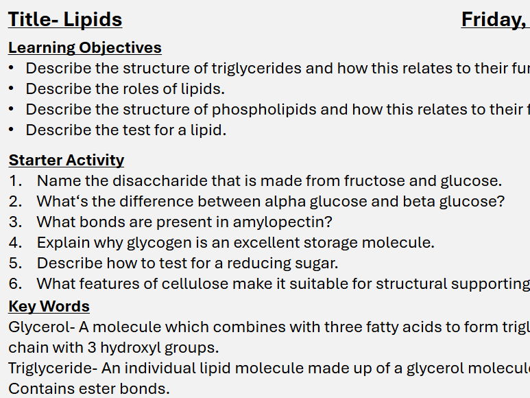 AQA A-Level Biology- Biological Molecules- 1.5- Lipids | Teaching Resources