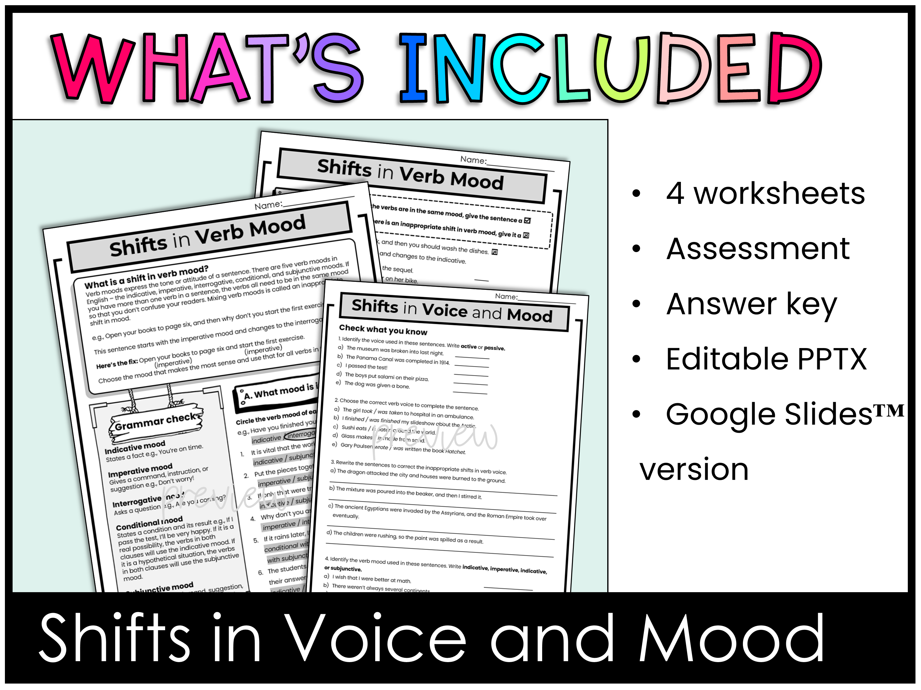 Shift in Verb Voice and Mood Digital Worksheets Year 7, 8, 9, 10 ...