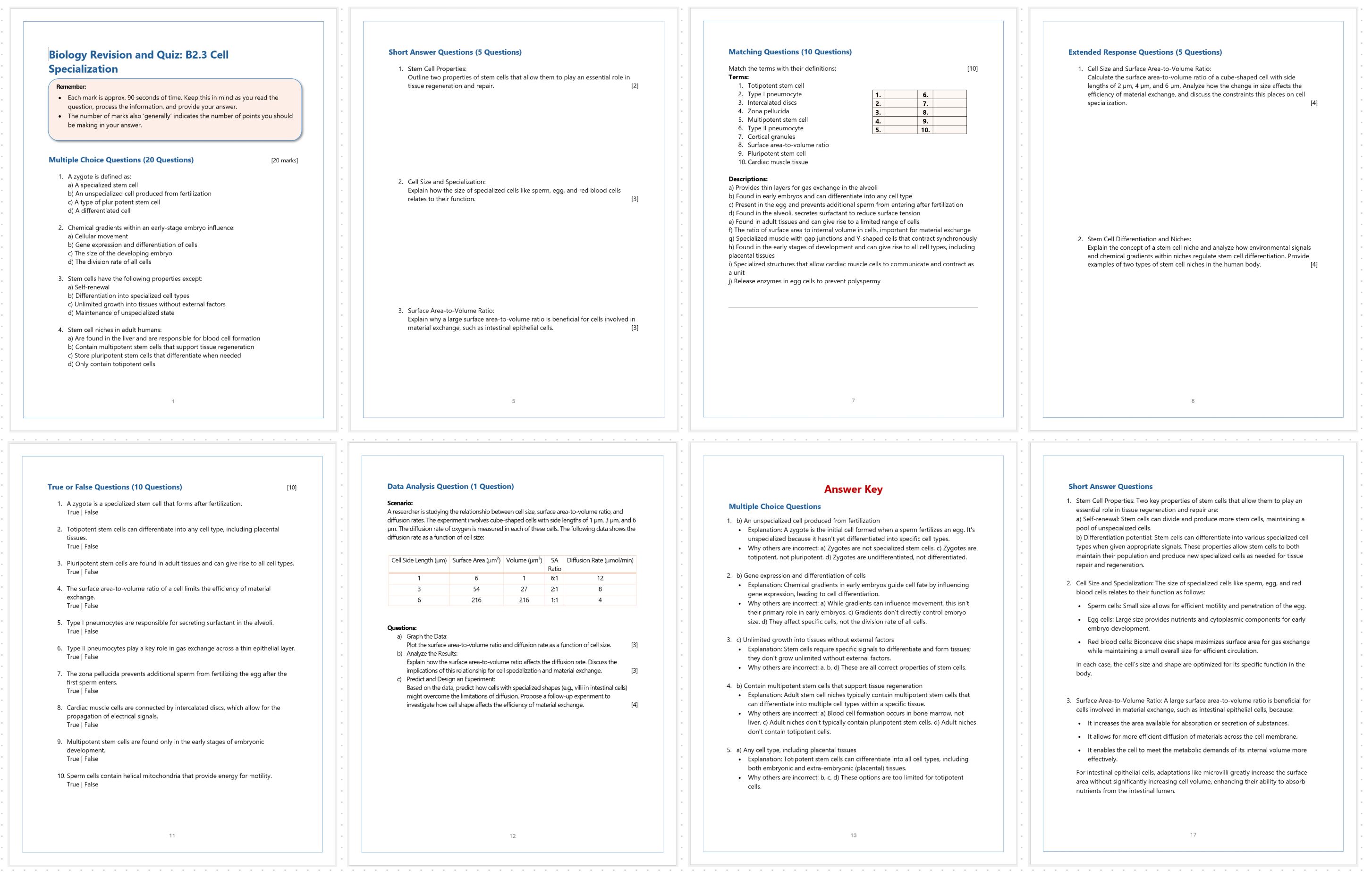 IB DP Biology B2.3 Cell Specialisation Quiz and Revision Worksheets ...