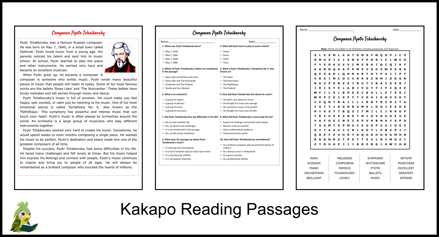Composer Pyotr Tchaikovsky Reading Comprehension and Word Search ...
