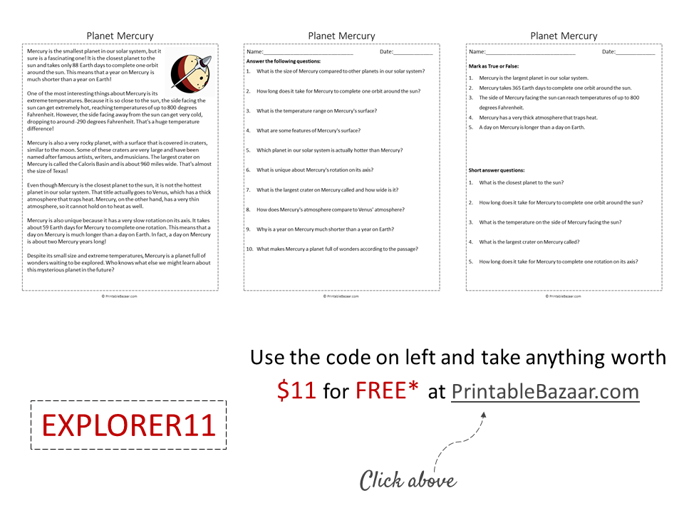 Planet Mercury Reading Comprehension Passage Printable Worksheet ...