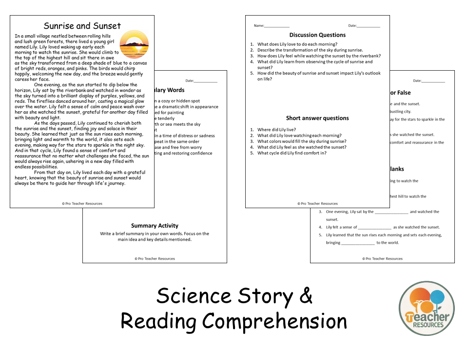 Sunrise and Sunset Reading Science Story Comprehension Questions ...