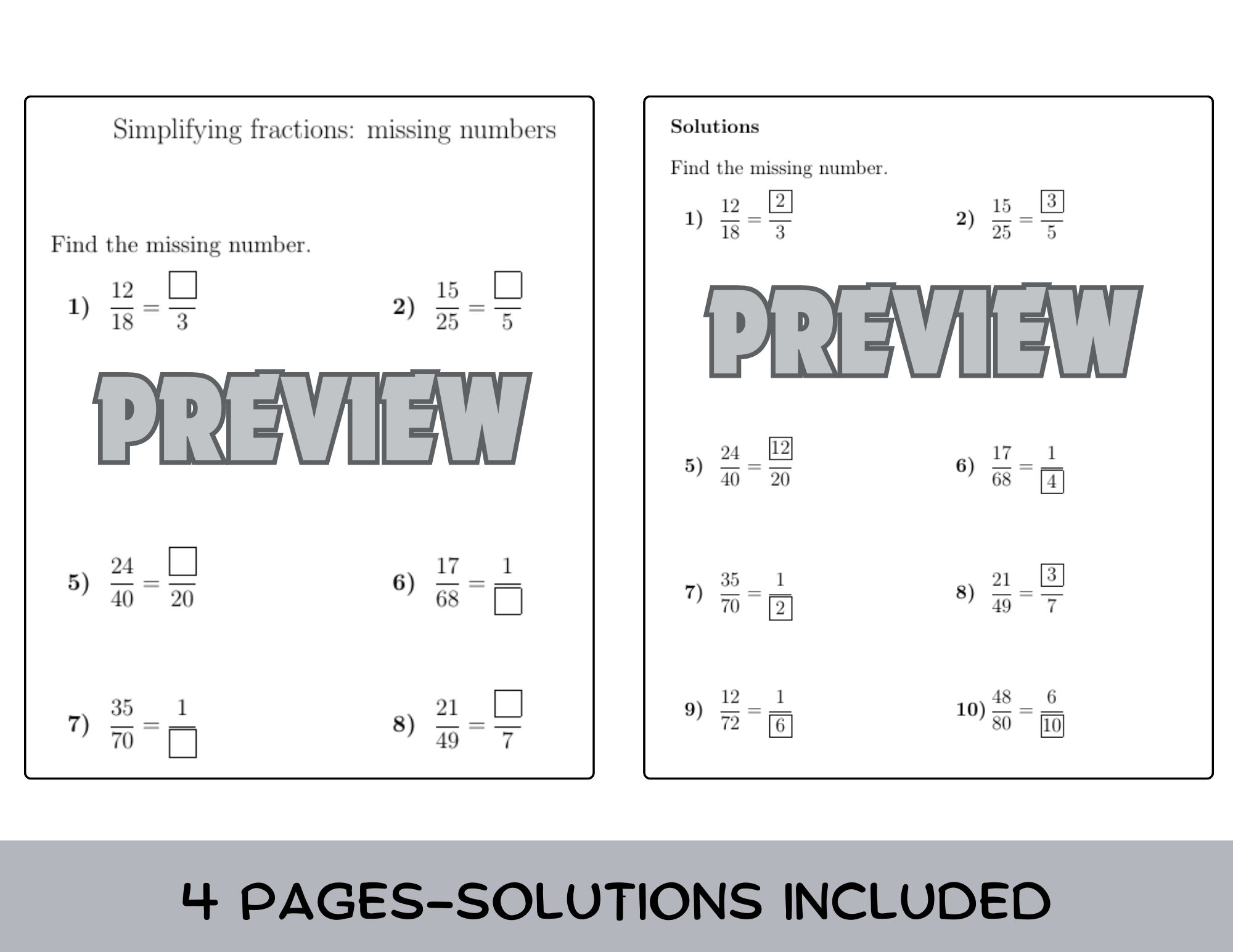Simplifying fractions: missing numbers worksheet no 3 (with answers ...