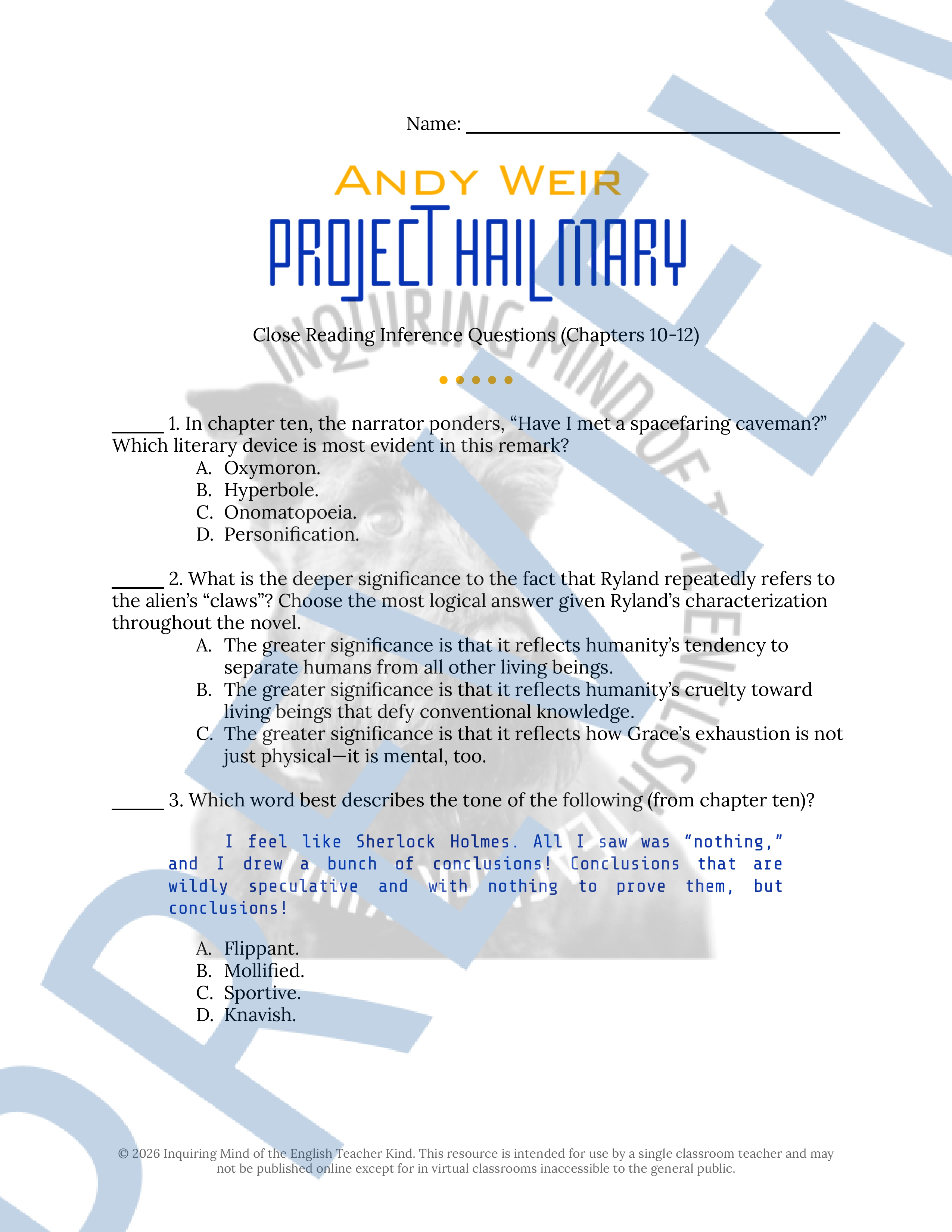 Project Hail Mary by Andy Weir Chapters 10, 11, and 12 Close Reading ...
