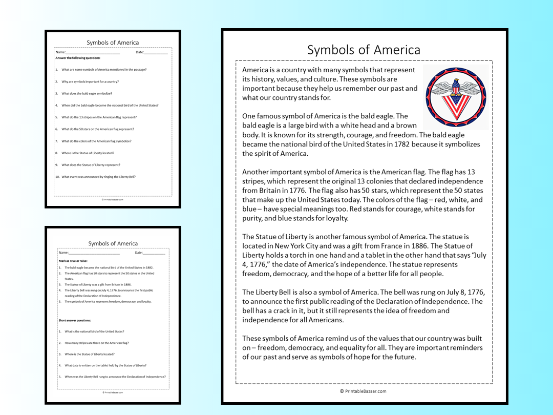 Symbols of America Reading Comprehension Passage Printable Worksheet ... Symbols of America Reading Comprehension Passage Printable Worksheet ...