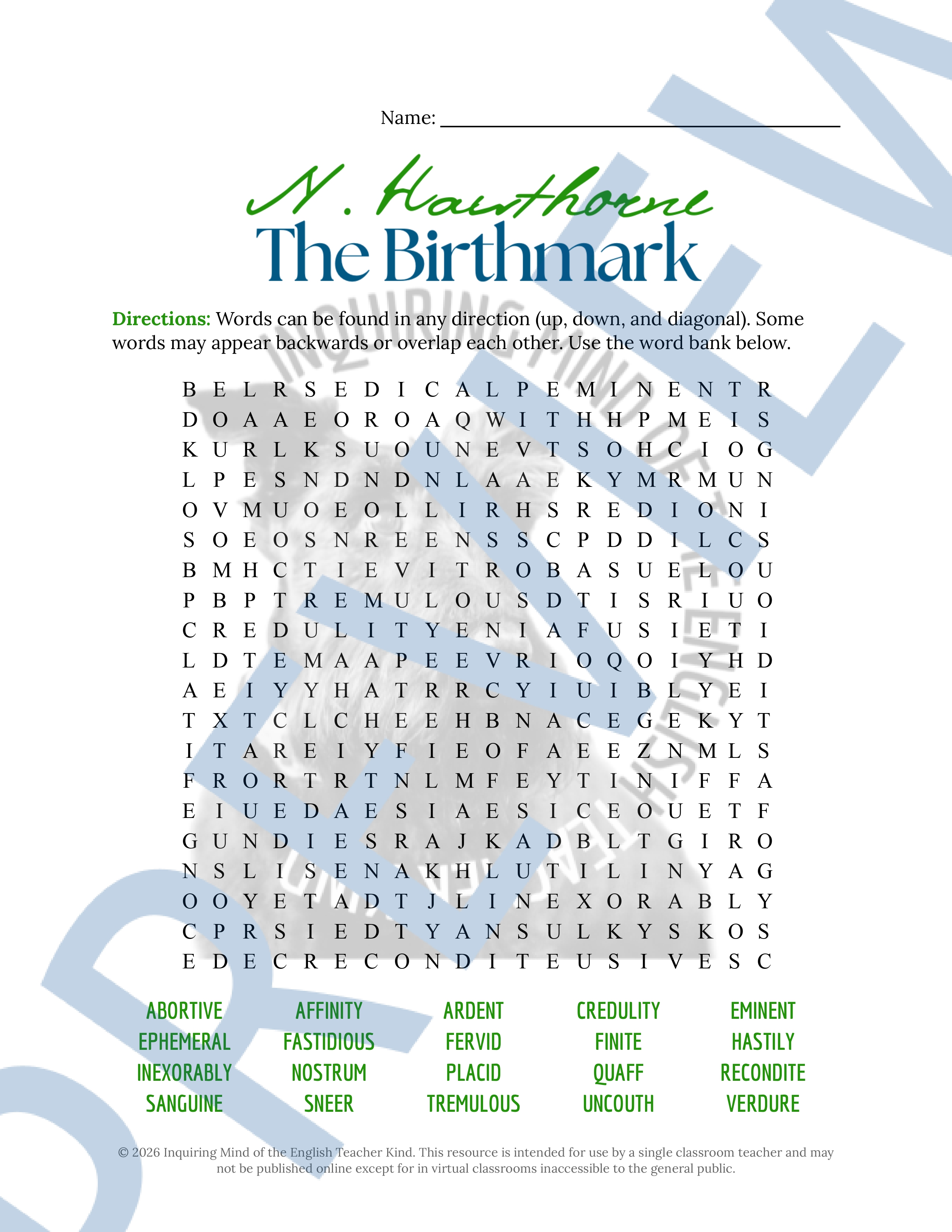 "The Birthmark" by Nathaniel Hawthorne Vocabulary Worksheet, Crossword ...