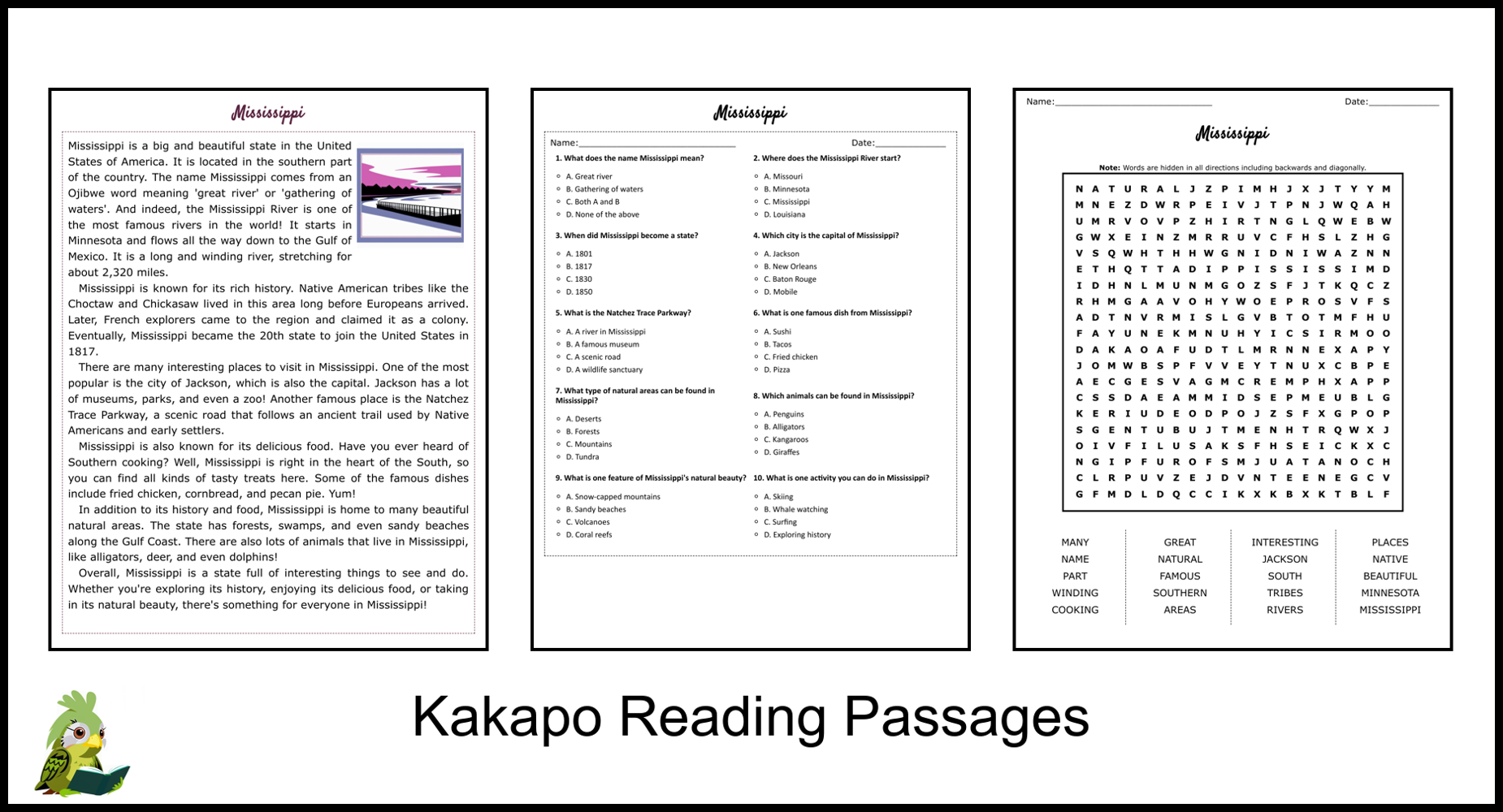 Mississippi Reading Comprehension and Word Search | Teaching Resources