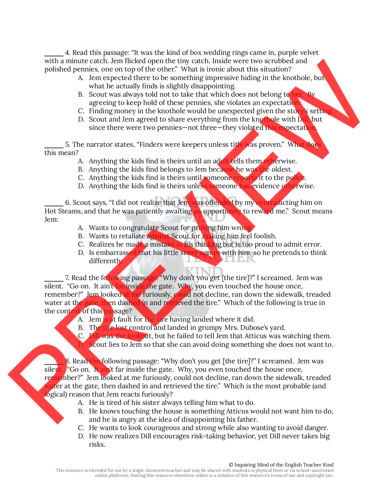 To Kill a Mockingbird Chapter 4 Close Reading Worksheet | Teaching ...