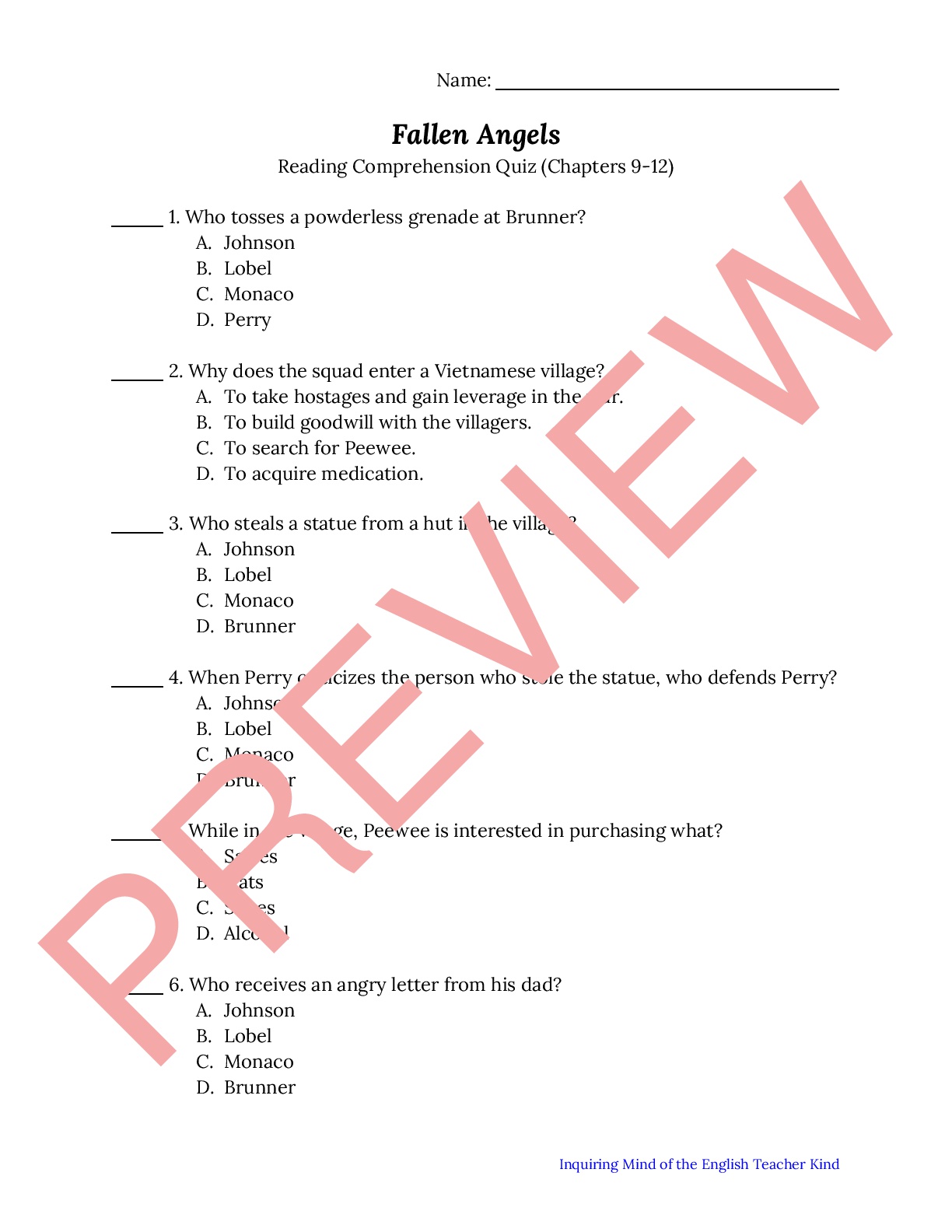 Fallen Angels Quiz & Key on Chapters 9-12 | Teaching Resources