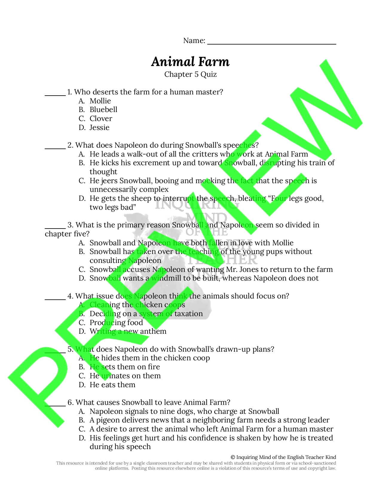Animal Farm Chapter 5 Quiz and Answer Key | Teaching Resources