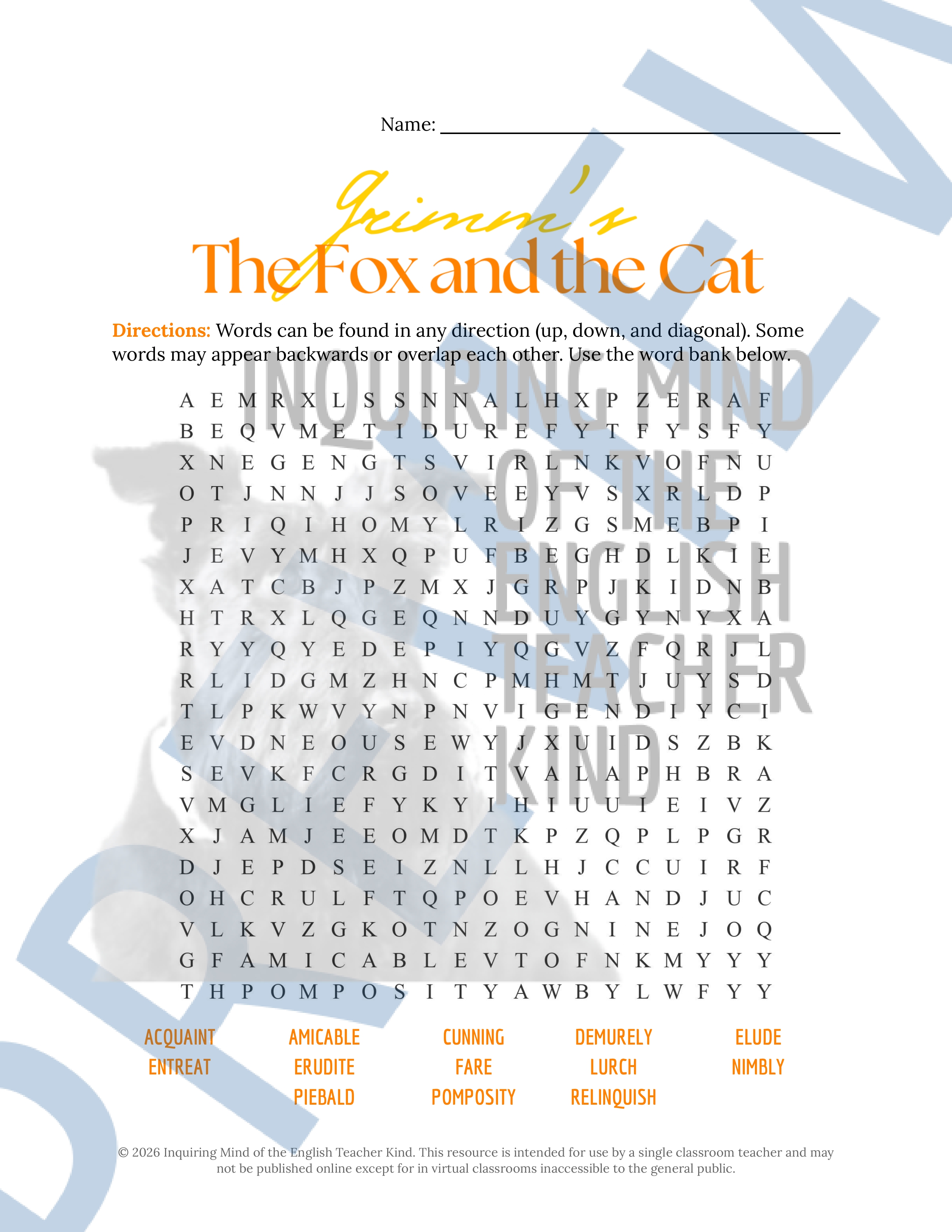 "The Fox and the Cat" Vocabulary Activities | Grimm's Fairy Tale | Word ...
