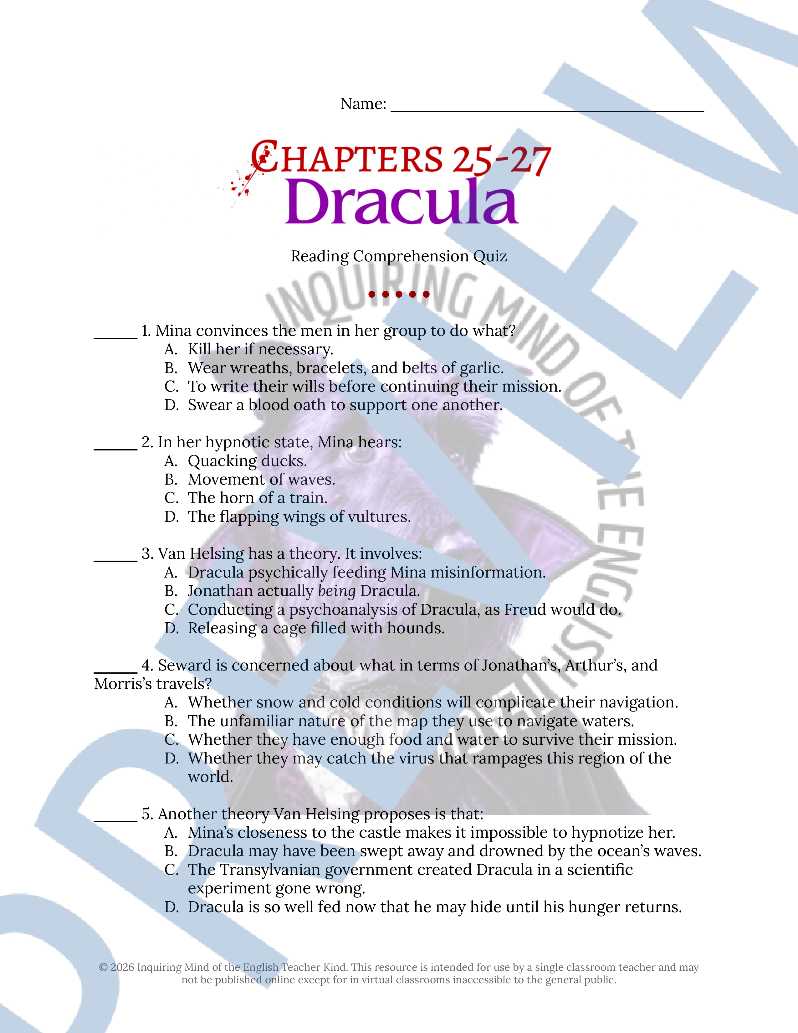 Dracula by Bram Stoker Chapters 25, 26, and 27 Quiz and Answer Key ...