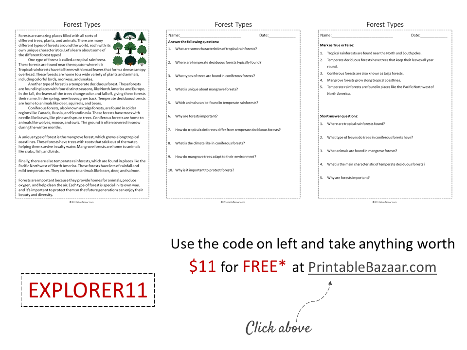 Forest Types Reading Comprehension Passage Printable Worksheet ...