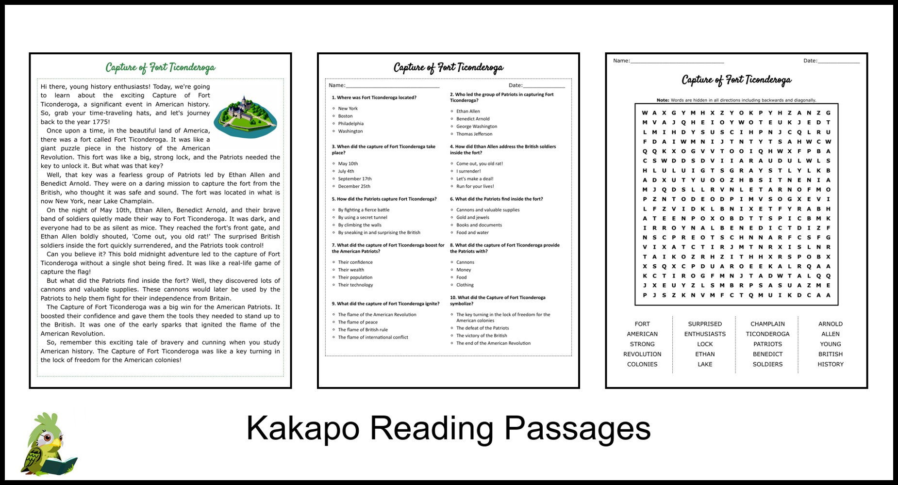 Capture of Fort Ticonderoga Reading Comprehension and Word Search ...
