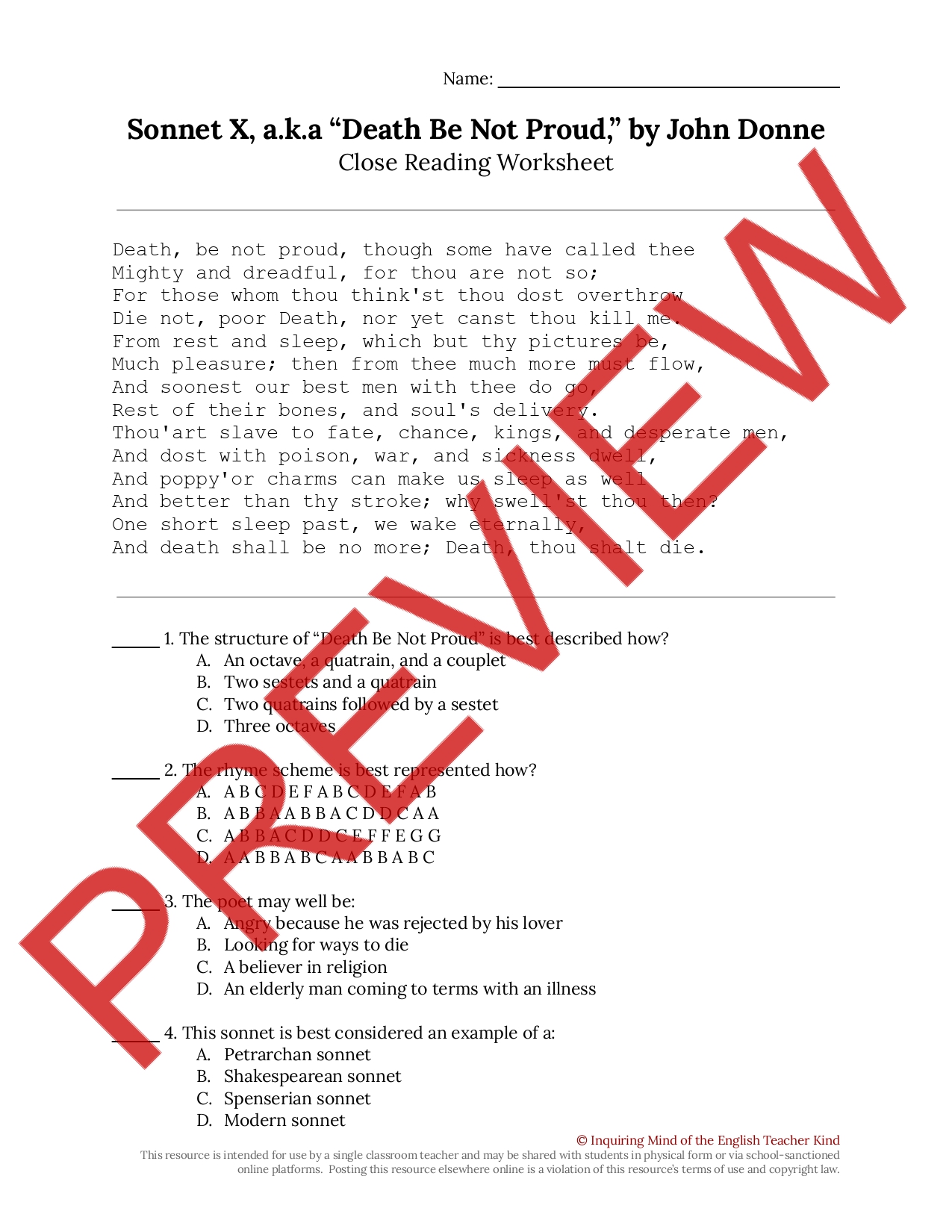 Sonnet X by John Donne ("Death Be Not Proud") Close Reading Worksheet ...