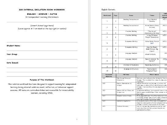KS3 Internal Isolation Room Mega Pack – 30 Worksheets (English, Science ...
