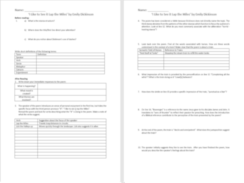 I like to see it lap the Miles by Emily Dickinson Student Worksheet and ...