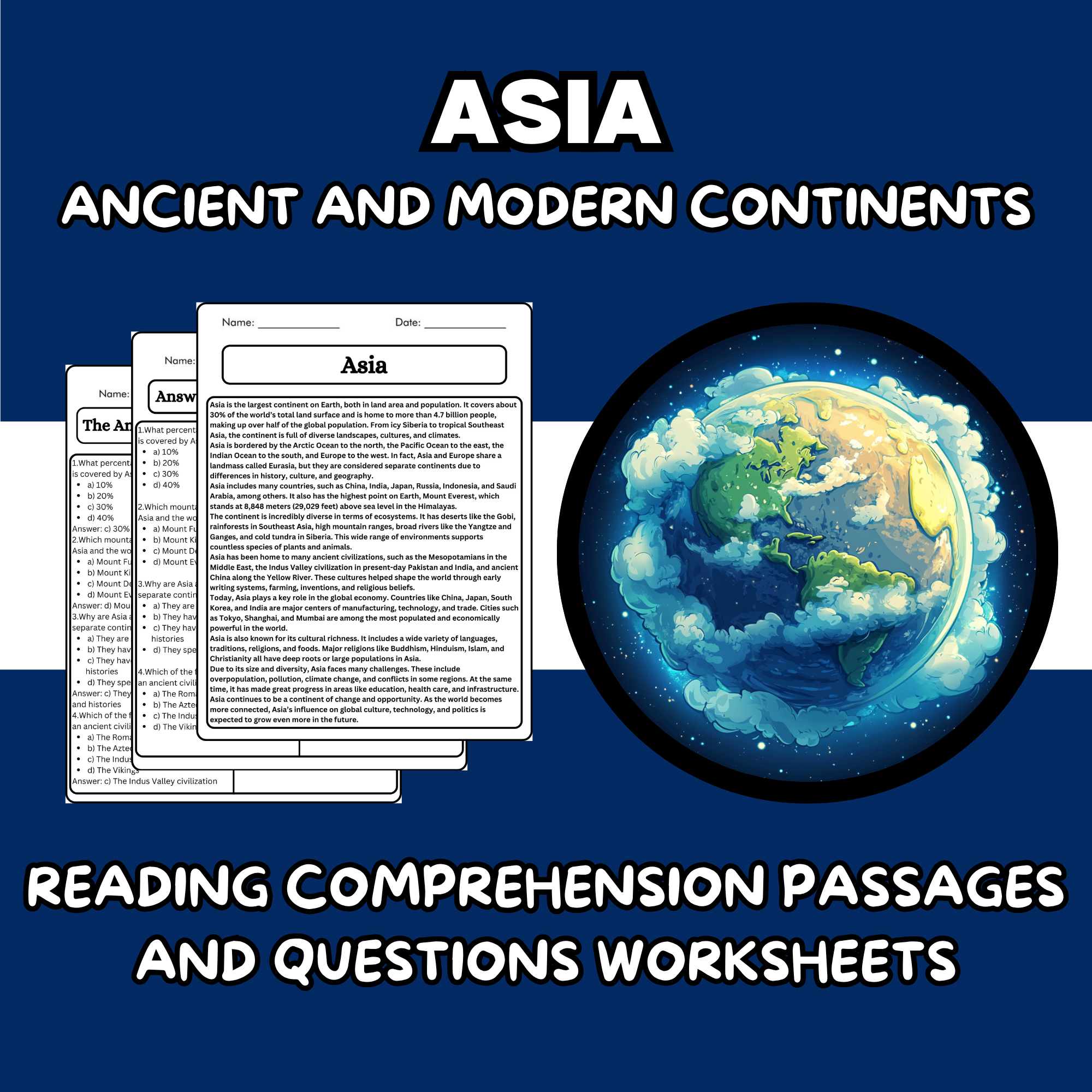 Asia - Ancient and Modern Continents Reading Comprehension Passages ...