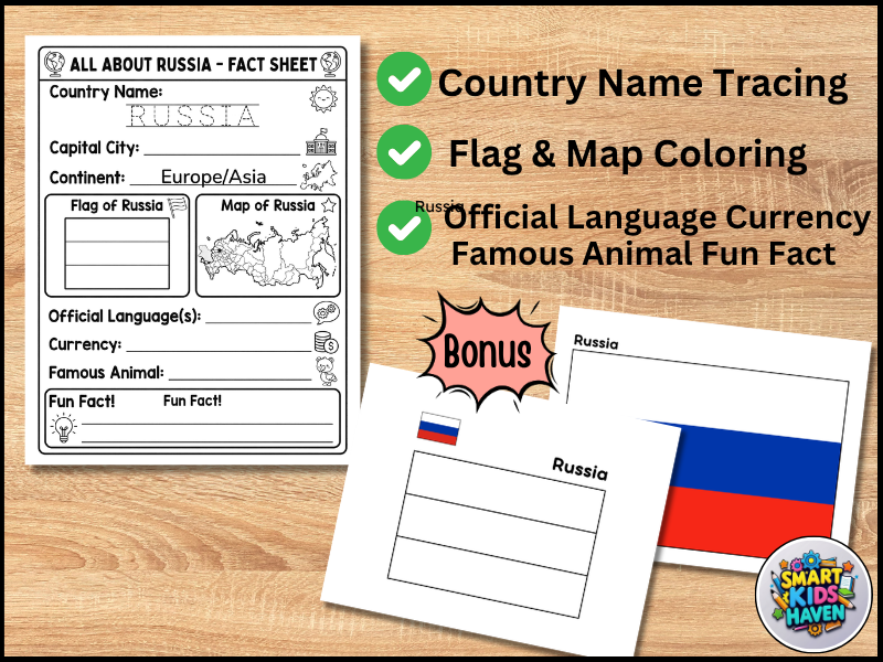 Russia Map and Flag Country Study Research Project Worksheet Geography ...