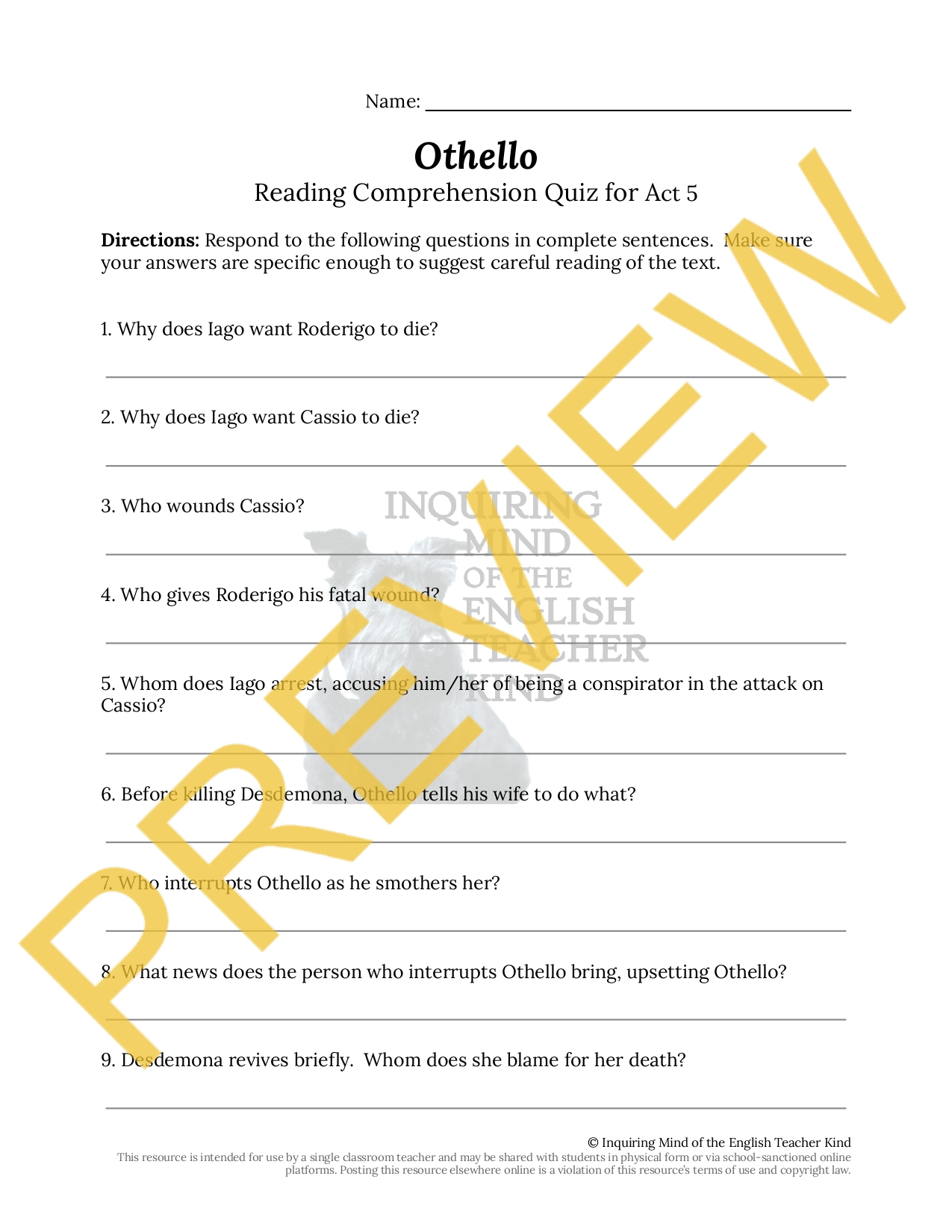 Othello Act 5 Quiz and Answer Key | Teaching Resources