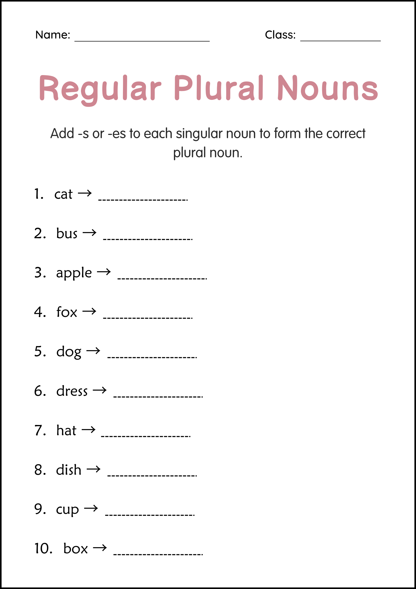 Printable Regular and Irregular Plural Nouns Grammar Worksheets for ...