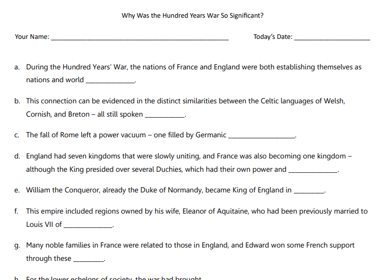 Significance of the Hundred Years' War. VIdeo questions, differentiated ...