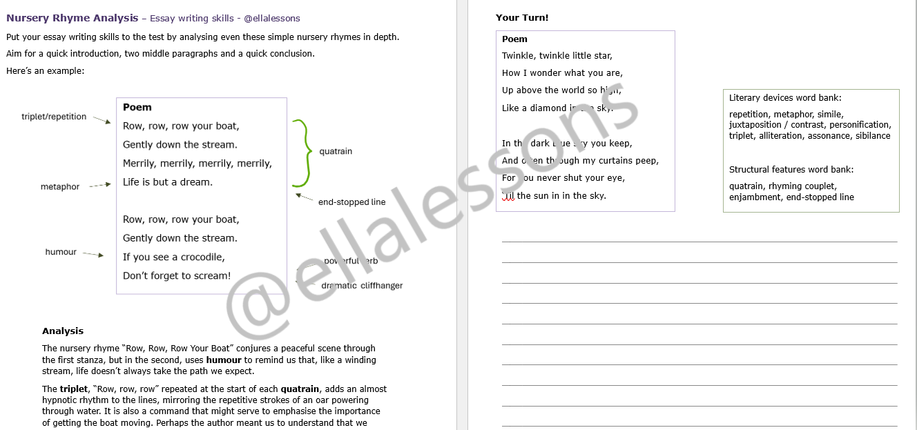 Nursery Rhyme Analysis - Essay Writing Skills - KS2, KS3 - @ellalessons ...