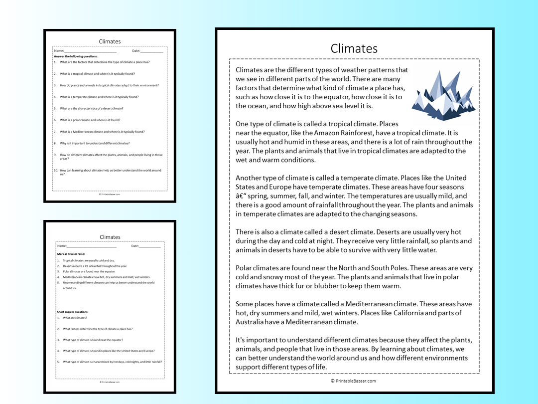 Climates Reading Comprehension Passage Printable Worksheet | Teaching ...