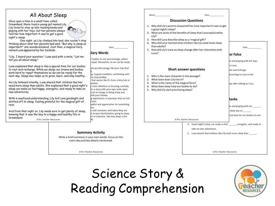 All About Sleep Reading Science Story Comprehension Questions Worksheet ...