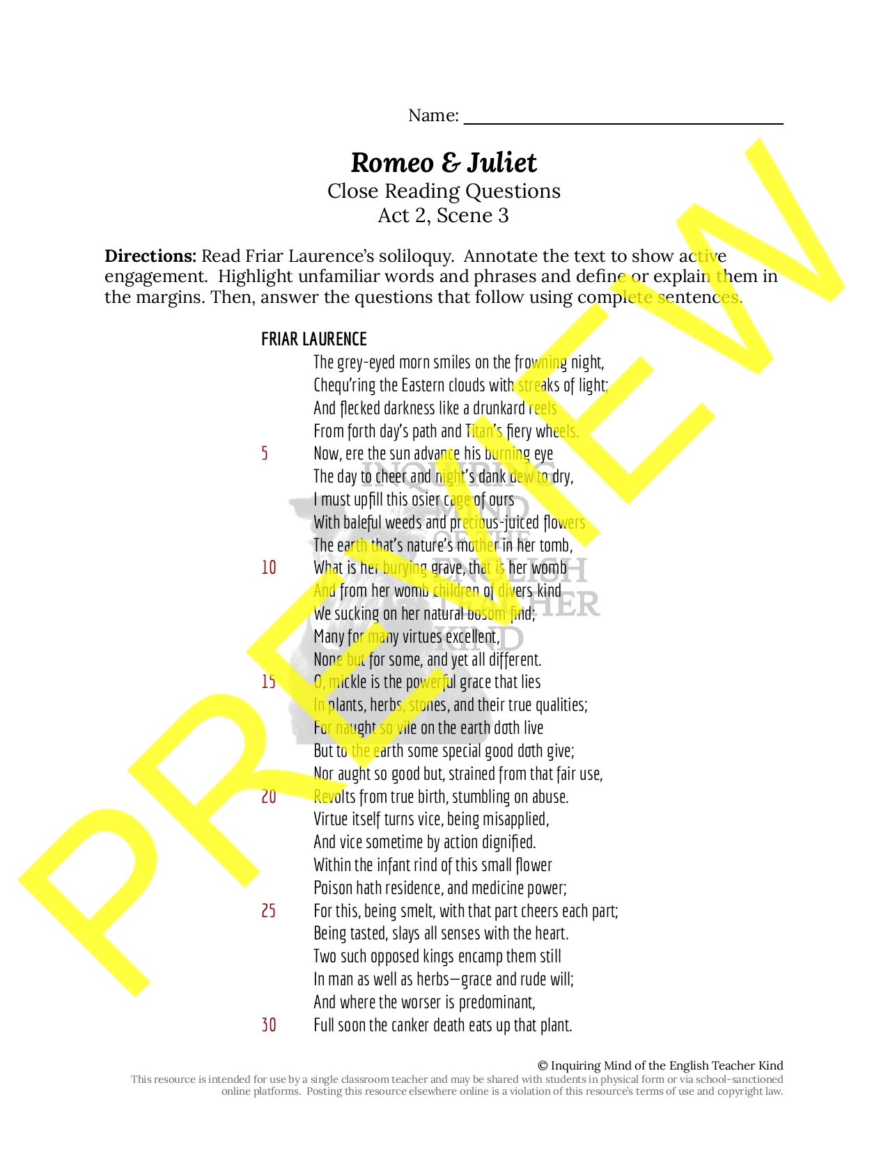 Romeo and Juliet Act 2 Scene 3 Close Reading Worksheet | Teaching Resources