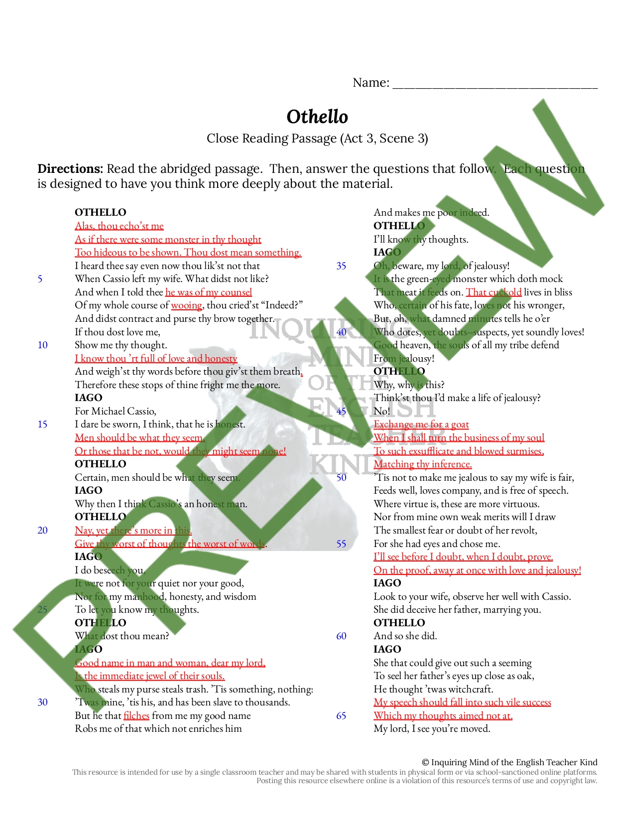Othello Act 3 Scene 3 Close Reading Worksheet | Teaching Resources