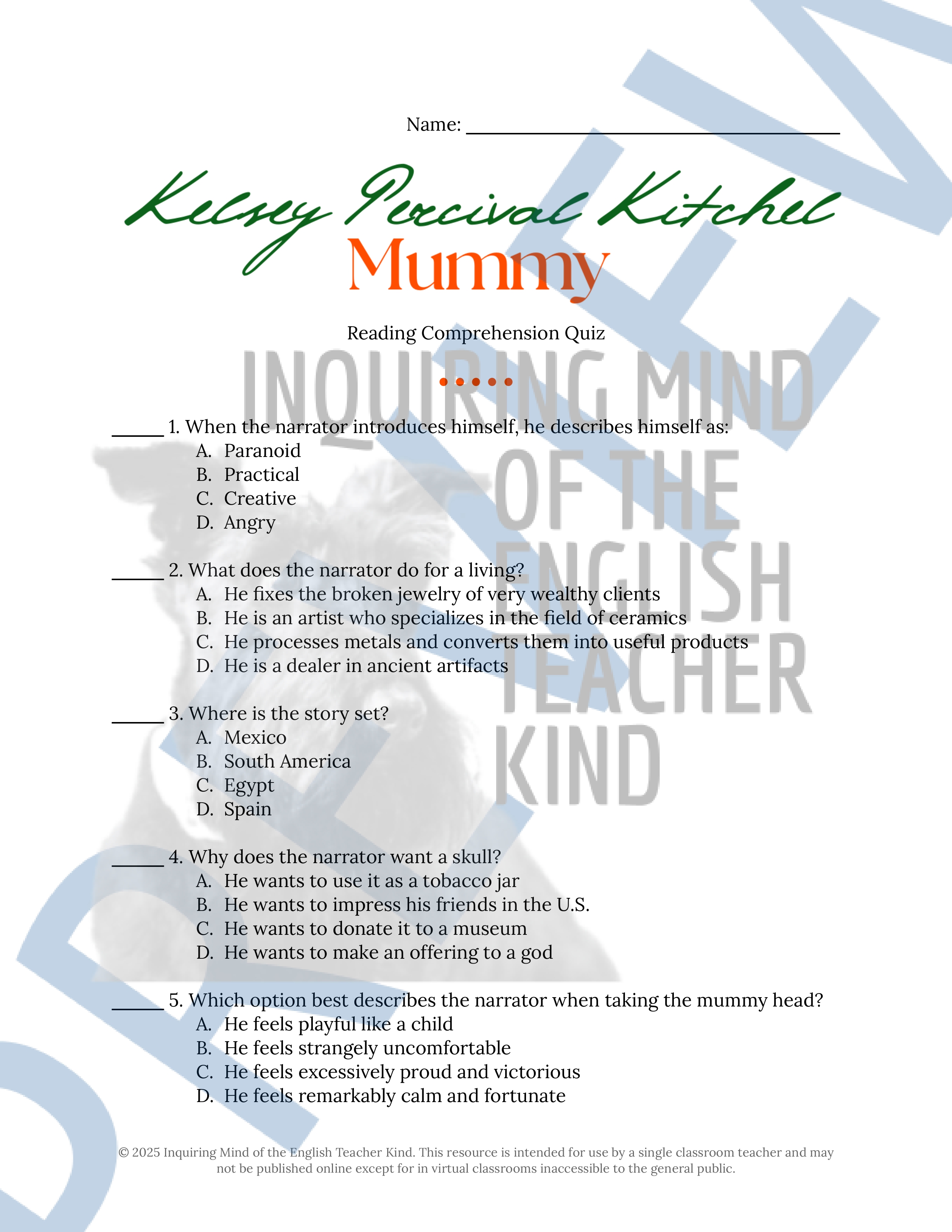 "Mummy" by Kelsey Percival Kitchel Quiz and Answer Key (Halloween ...