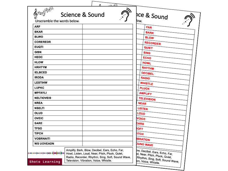 SCIENCE AND SOUND ACTIVITY - BUNDLE WORD FIND UNSCRAMBLE WORDS ...