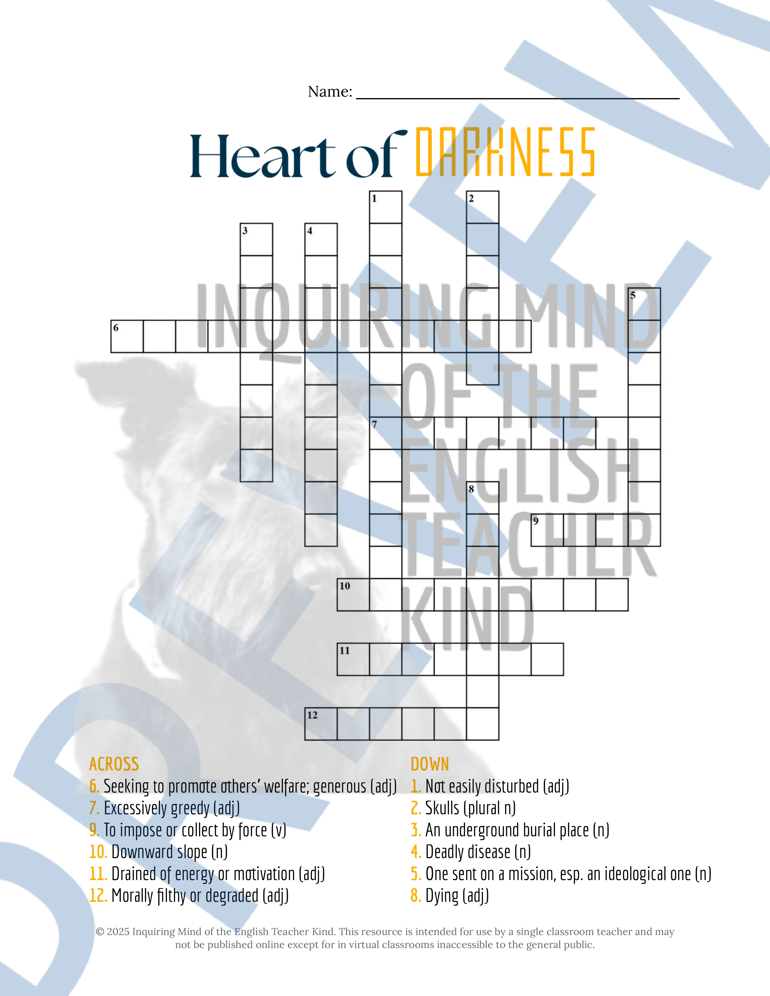 Heart of Darkness Part 2 Vocabulary Activities | Crossword Puzzle ...