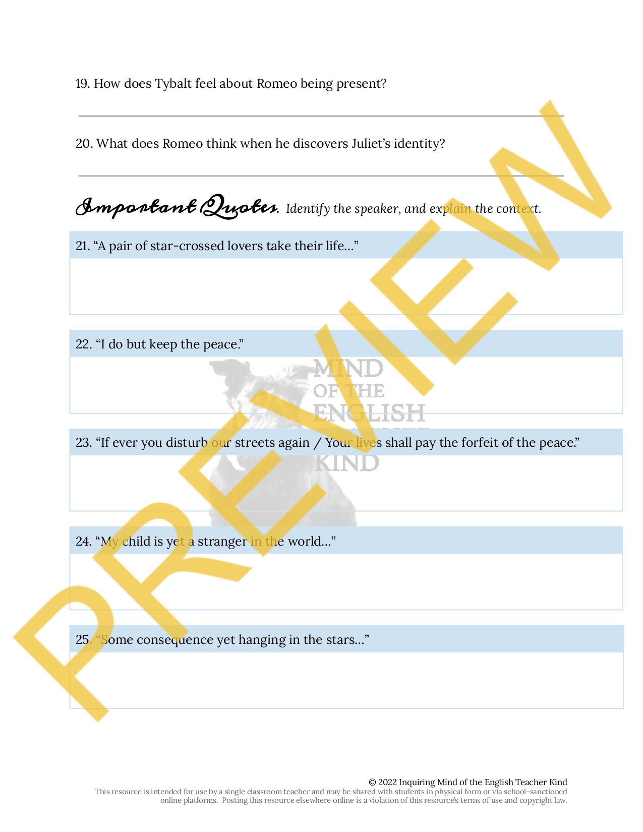 Romeo and Juliet Act 1 Reading Guide and Answer Key | Teaching Resources