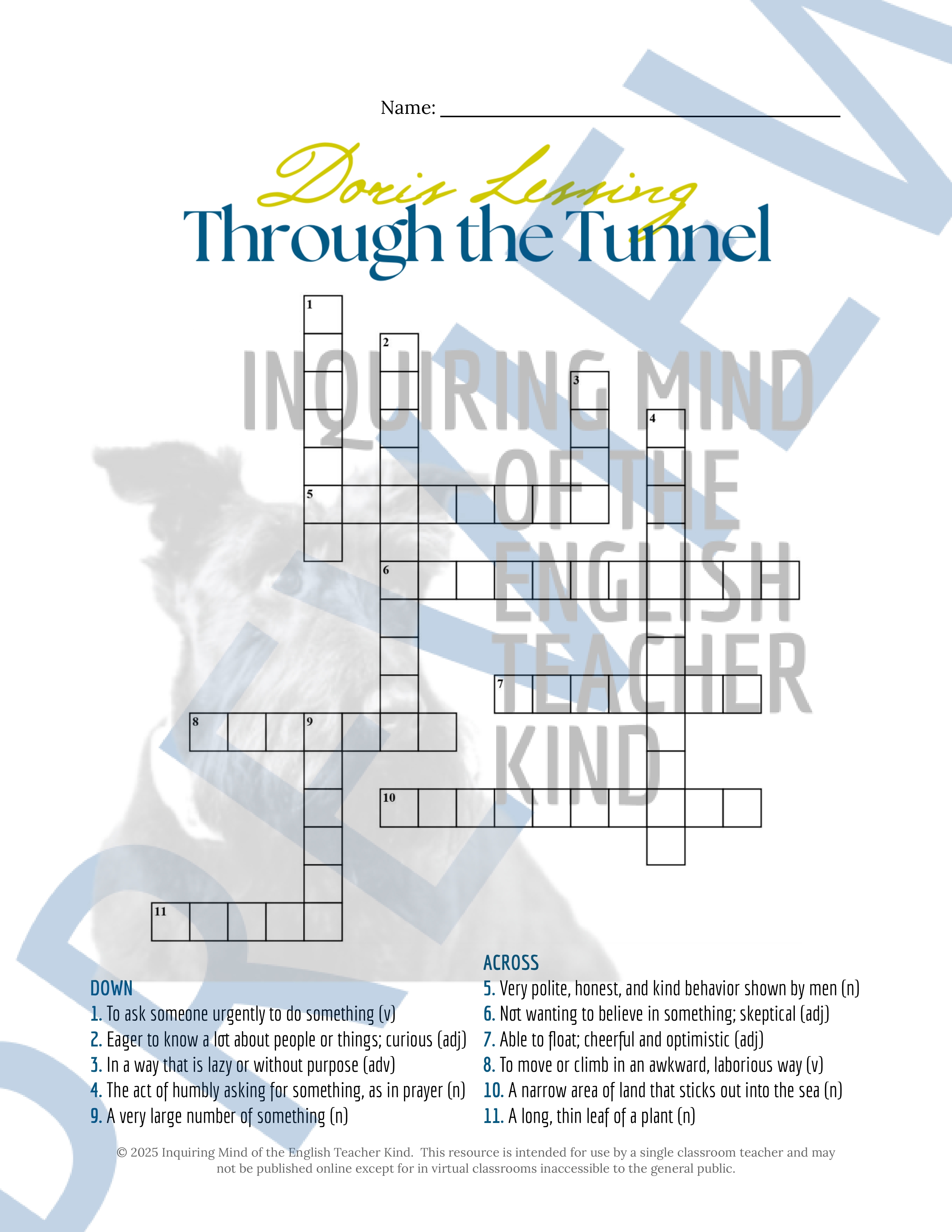 "Through the Tunnel" by Doris Lessing Vocabulary Games and Activities ...