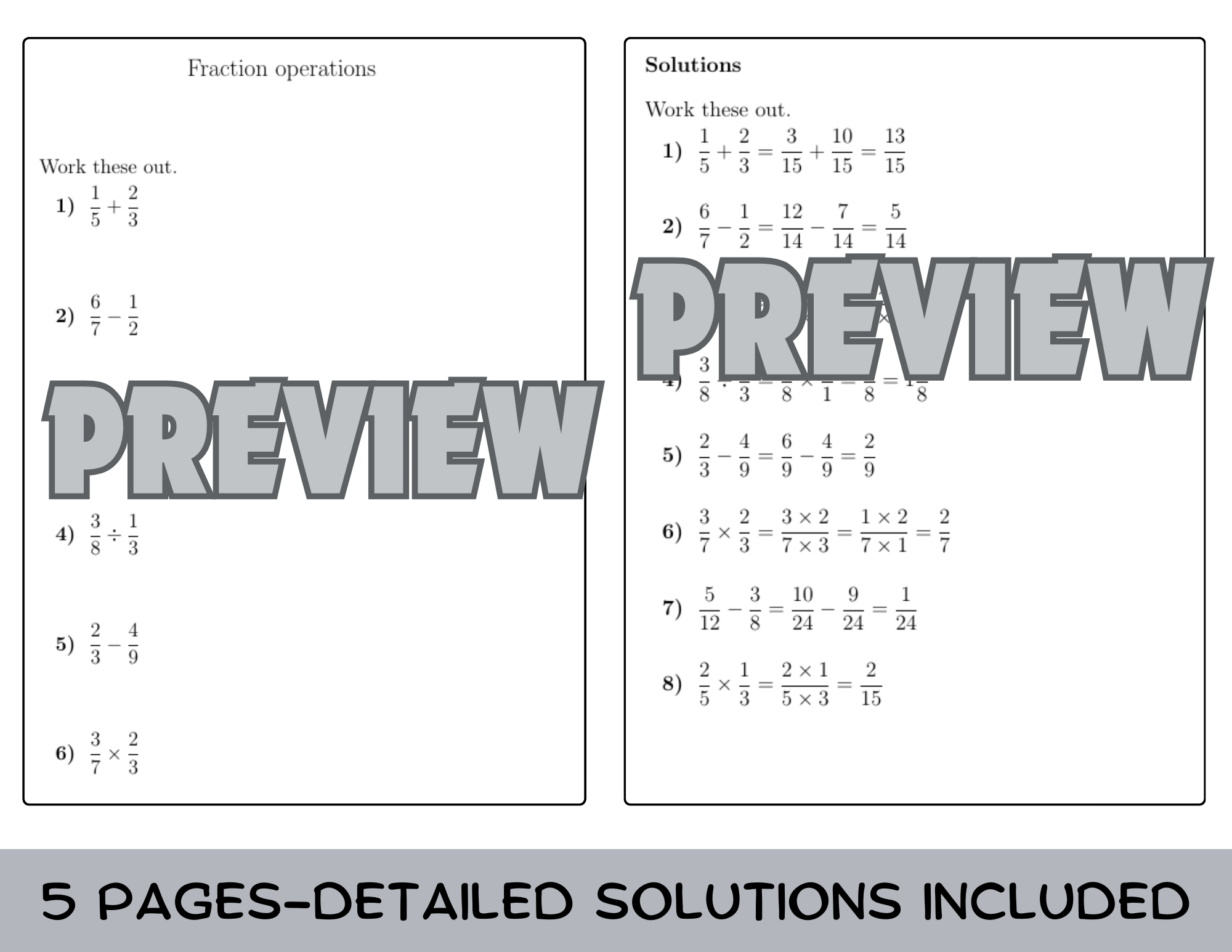 Fraction operations worksheet (with solutions) | Teaching Resources