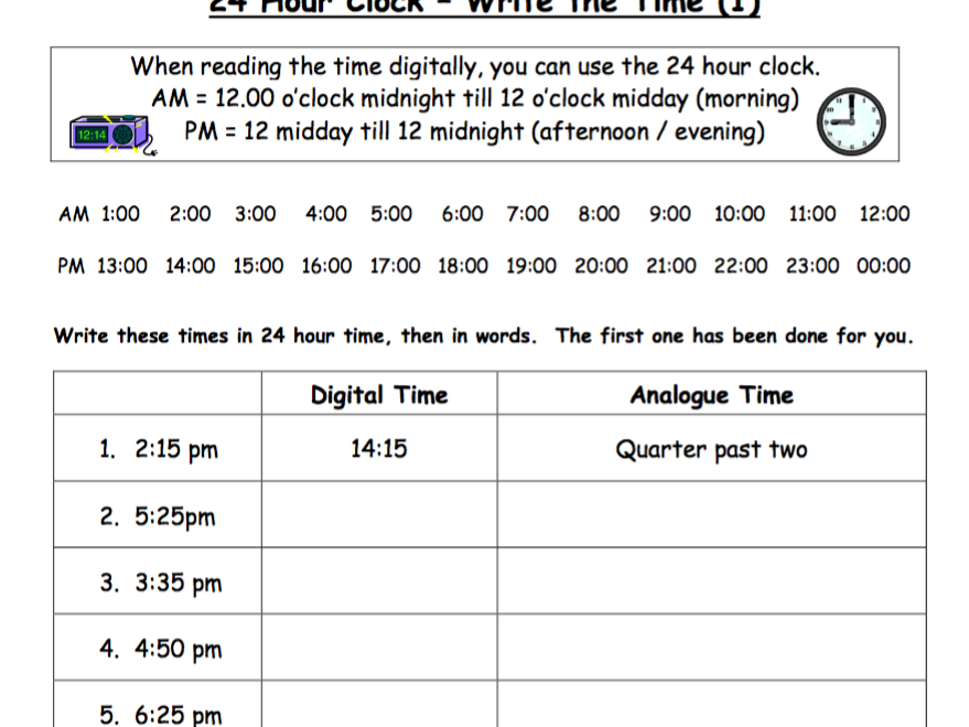24 Hour Clock Write The Time digital Analogue Teaching Resources