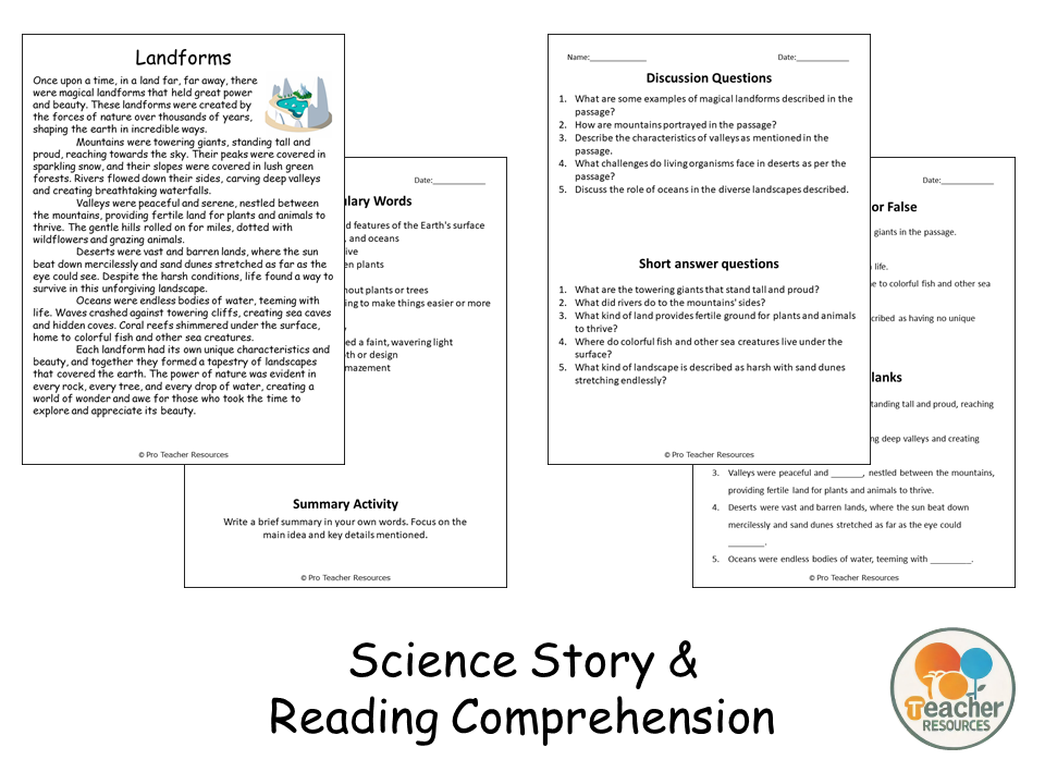Landforms Reading Science Story Comprehension Questions Worksheet ...
