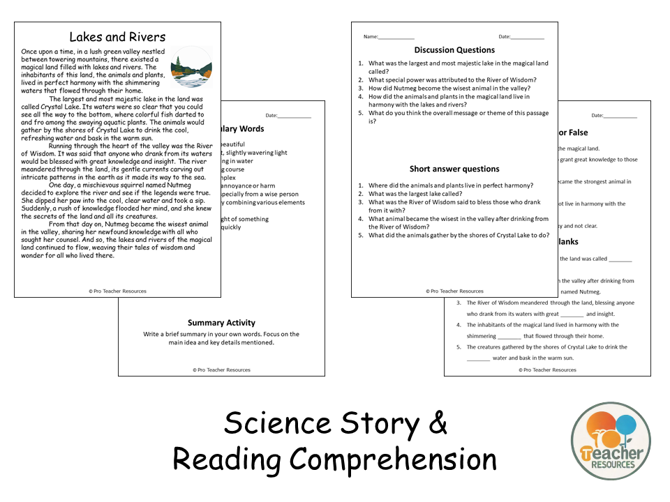 Lakes and Rivers Reading Science Story Comprehension Questions ...