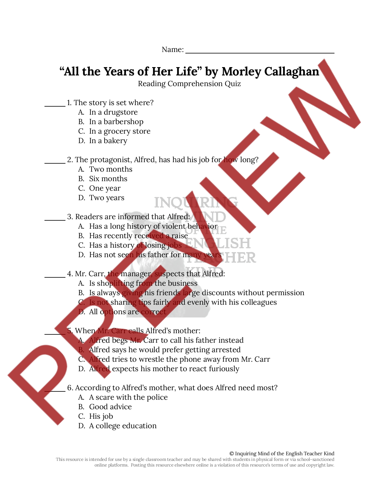 "All the Years of Her Life" by Morley Callaghan Quiz and Answer Key ...