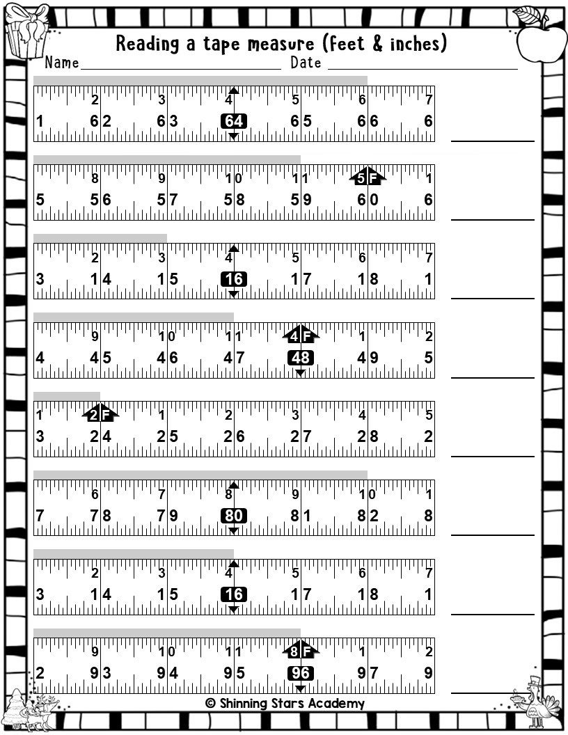 Reading a Tape Measure (in Feet & Inches) Worksheets | Measurement ...