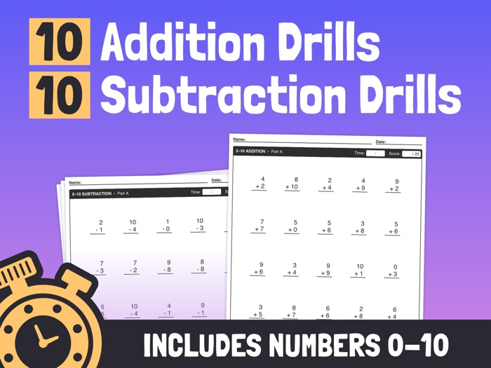 Addition and Subtraction Timed Drills | 0-10 Adding & Subtracting ...