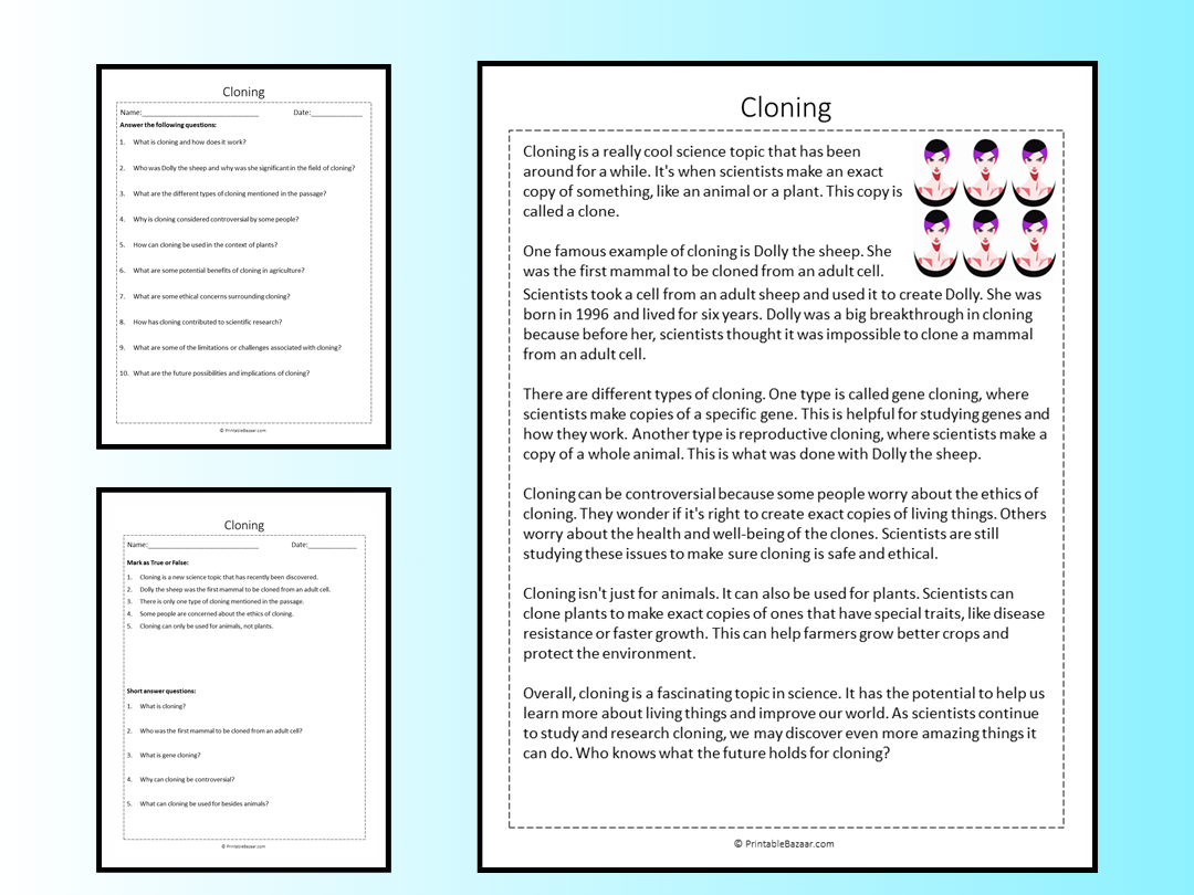 Cloning Reading Comprehension Passage Printable Worksheet | Teaching ...