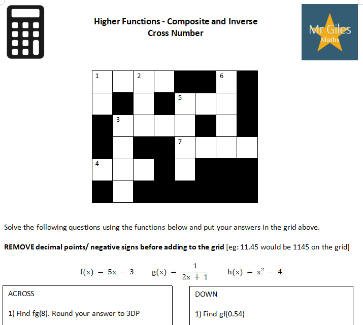 Higher Functions - Composite and Inverse Cross Number | Teaching Resources