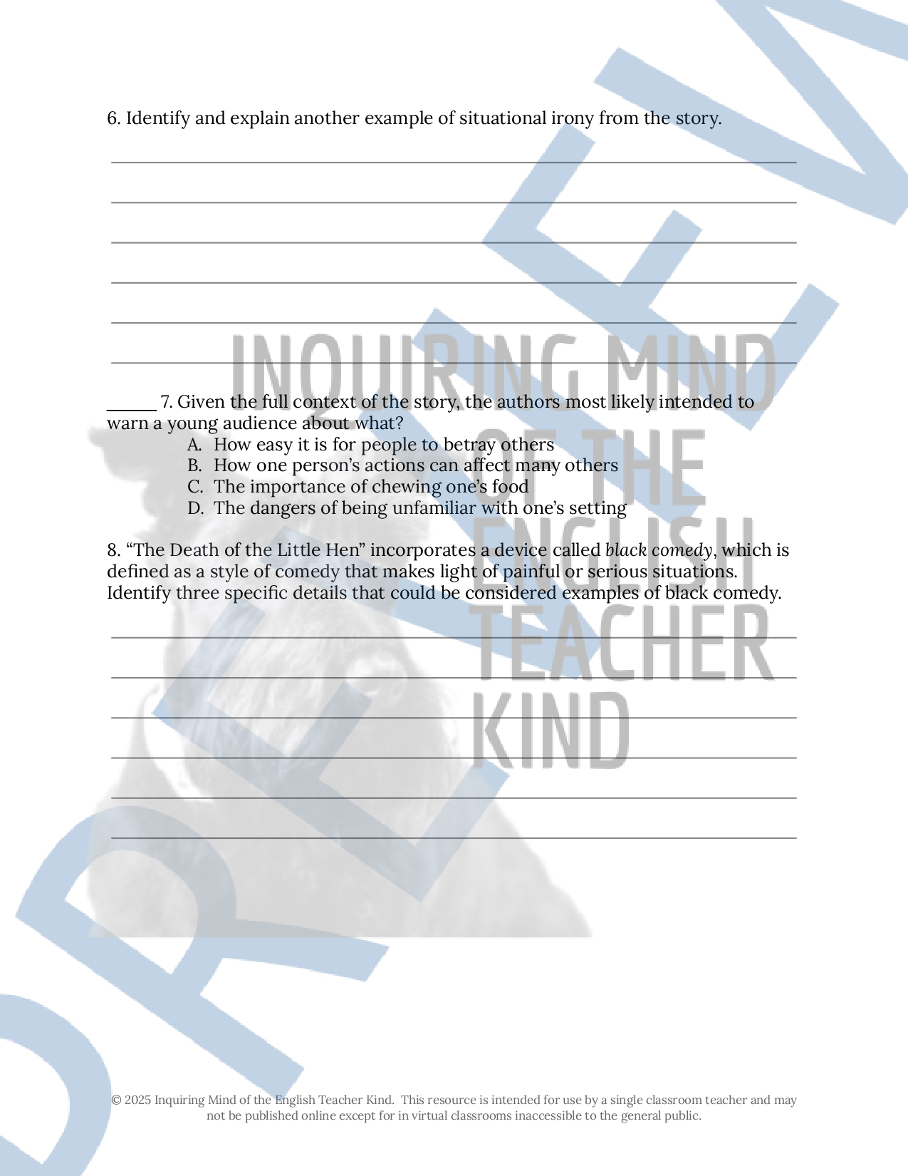 "The Death of the Little Hen" Close Reading Analysis Worksheet (Grimm's ...