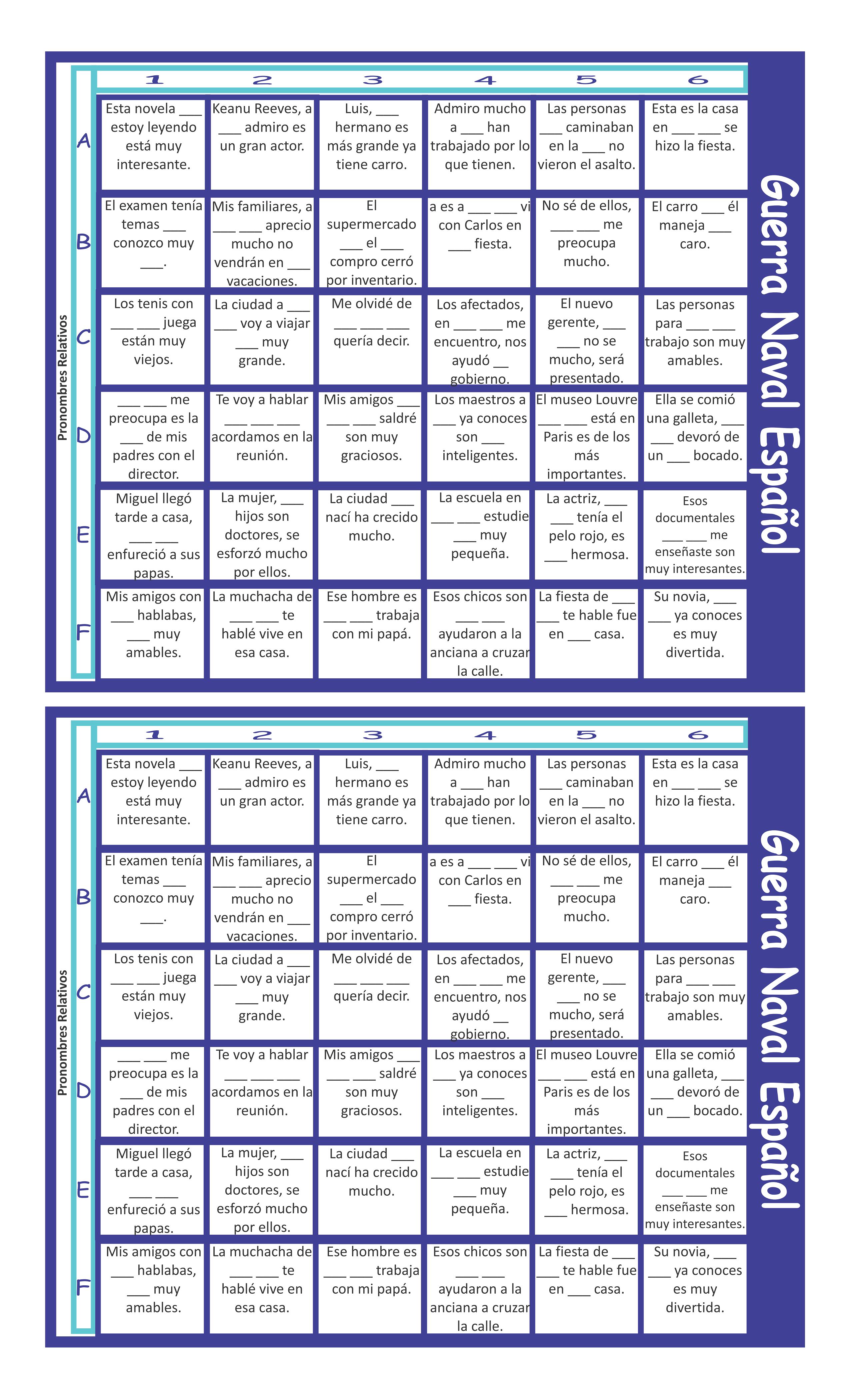 Relative Pronouns Spanish Battleship Board Game | Teaching Resources
